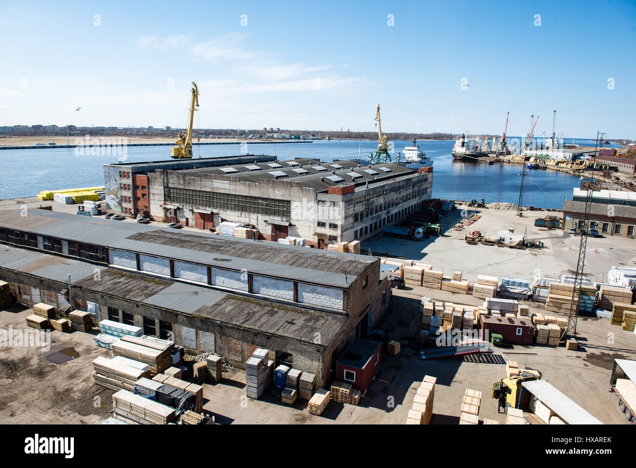 small port city view from above in autumn with colorful environment ...