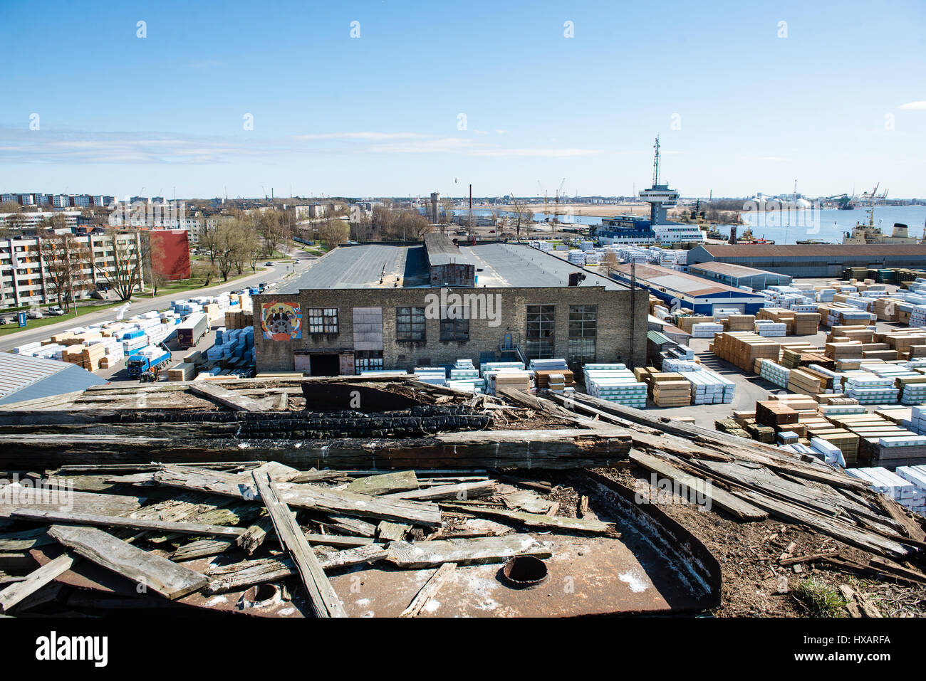 small port city view from above in autumn with colorful environment ...