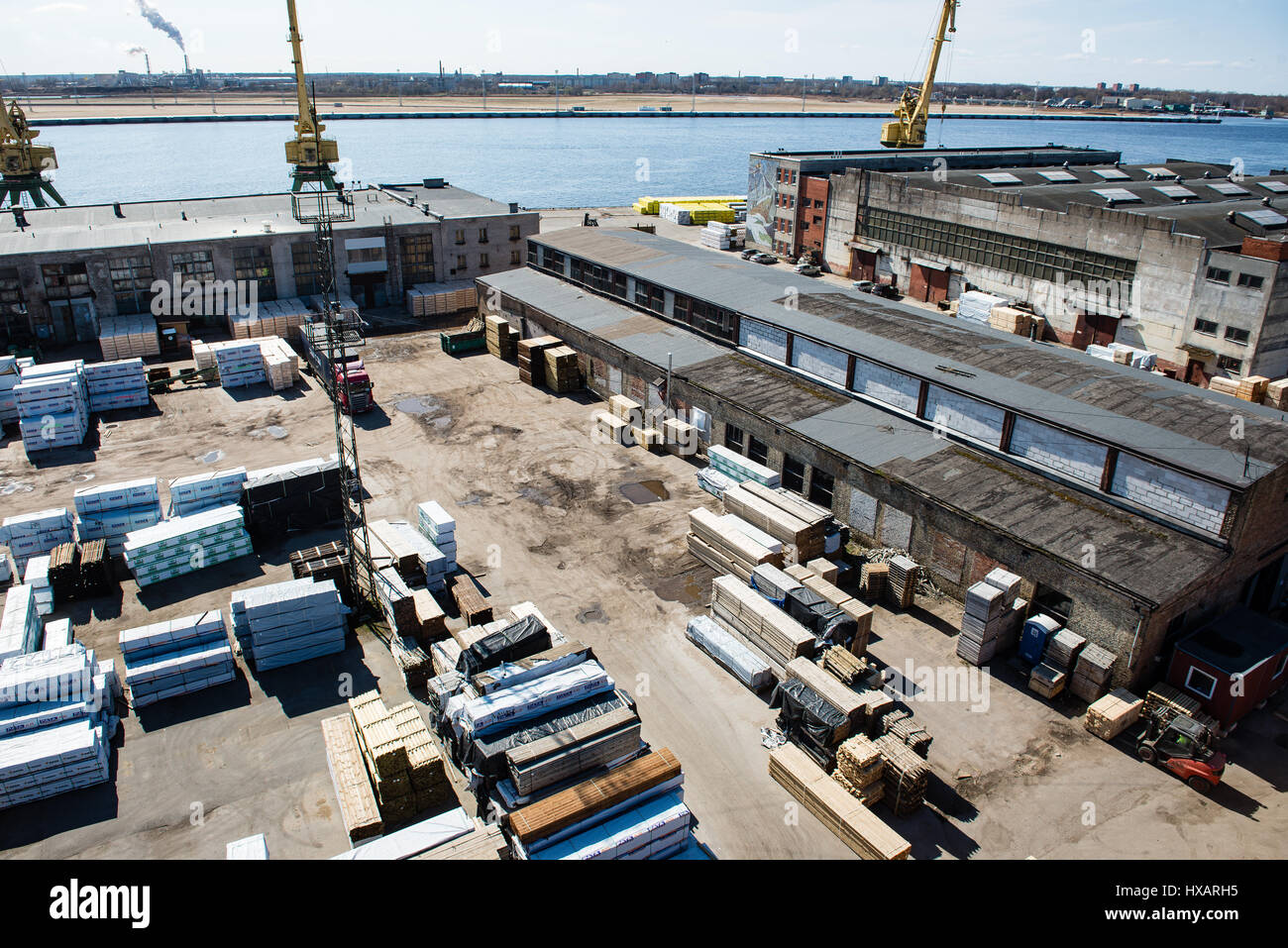 small port city view from above in autumn with colorful environment ...