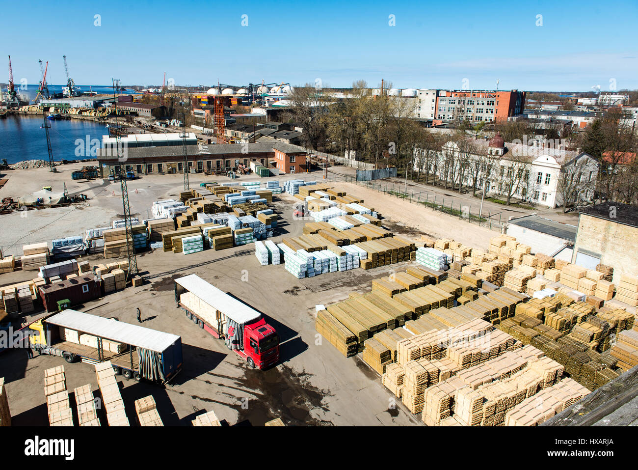 small port city view from above in autumn with colorful environment ...