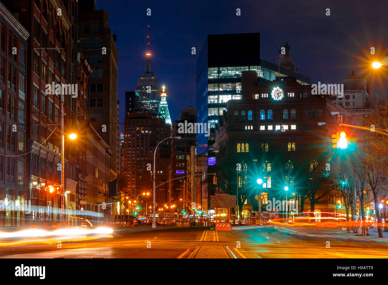 USA. New York City. Manhattan. Cooper Square. Night traffic Stock Photo ...