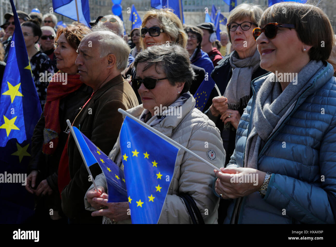 Frankfurt, Germany. 26th Mar, 2017. Protester carry small European ...