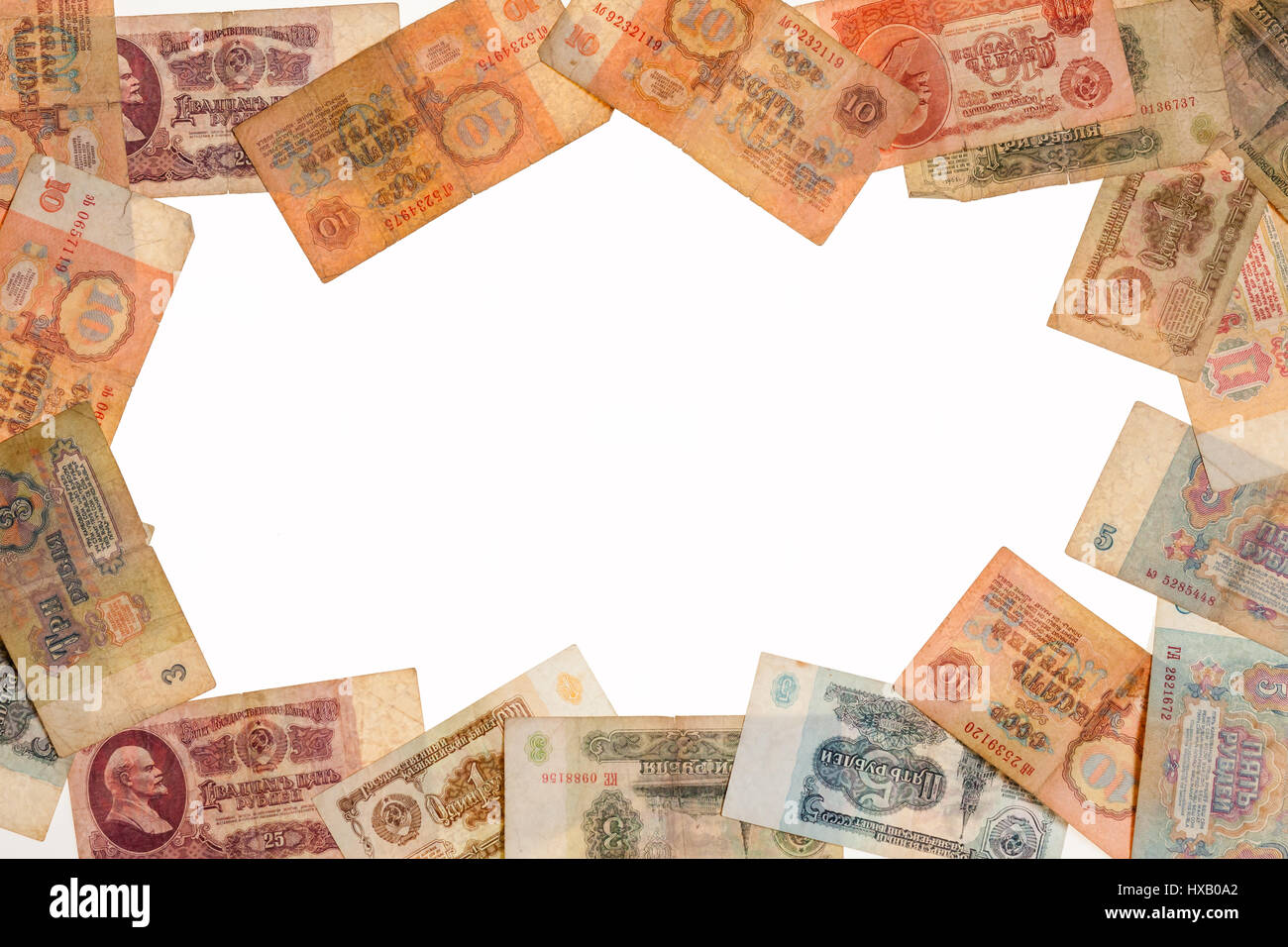 Frame of old soviet banknotes on white background Stock Photo - Alamy
