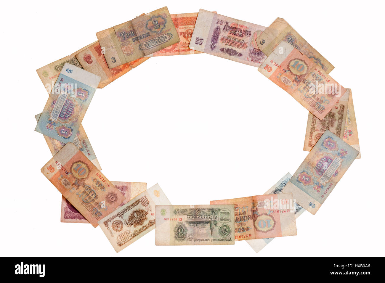 Frame of old soviet banknotes on white background Stock Photo - Alamy