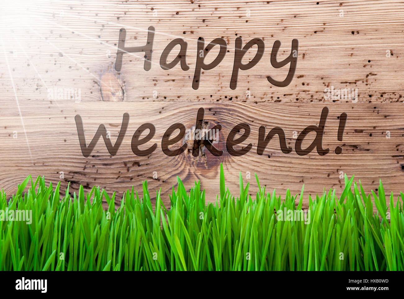 Bright Sunny Wooden Background, Gras, Text Happy Weekend Stock Photo ...