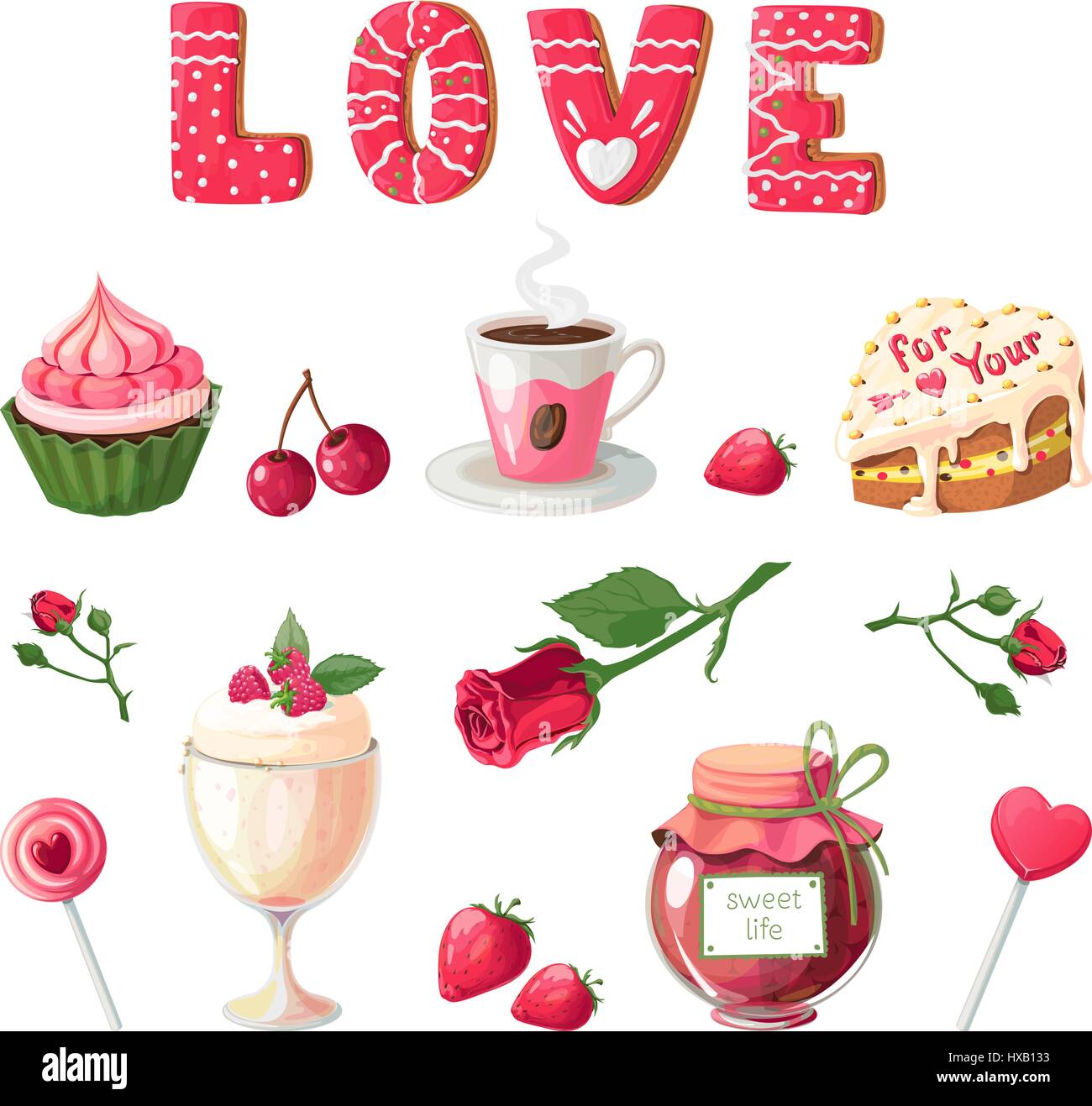 Vector set on a festive delicious food, sweet desserts. Isolated ...