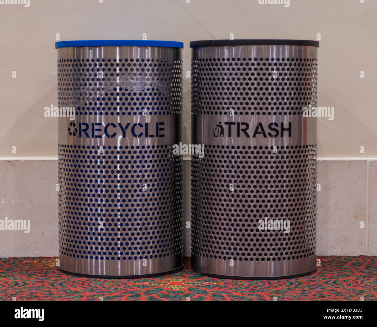 Recycle and Trash Bins inside conference center Stock Photo - Alamy