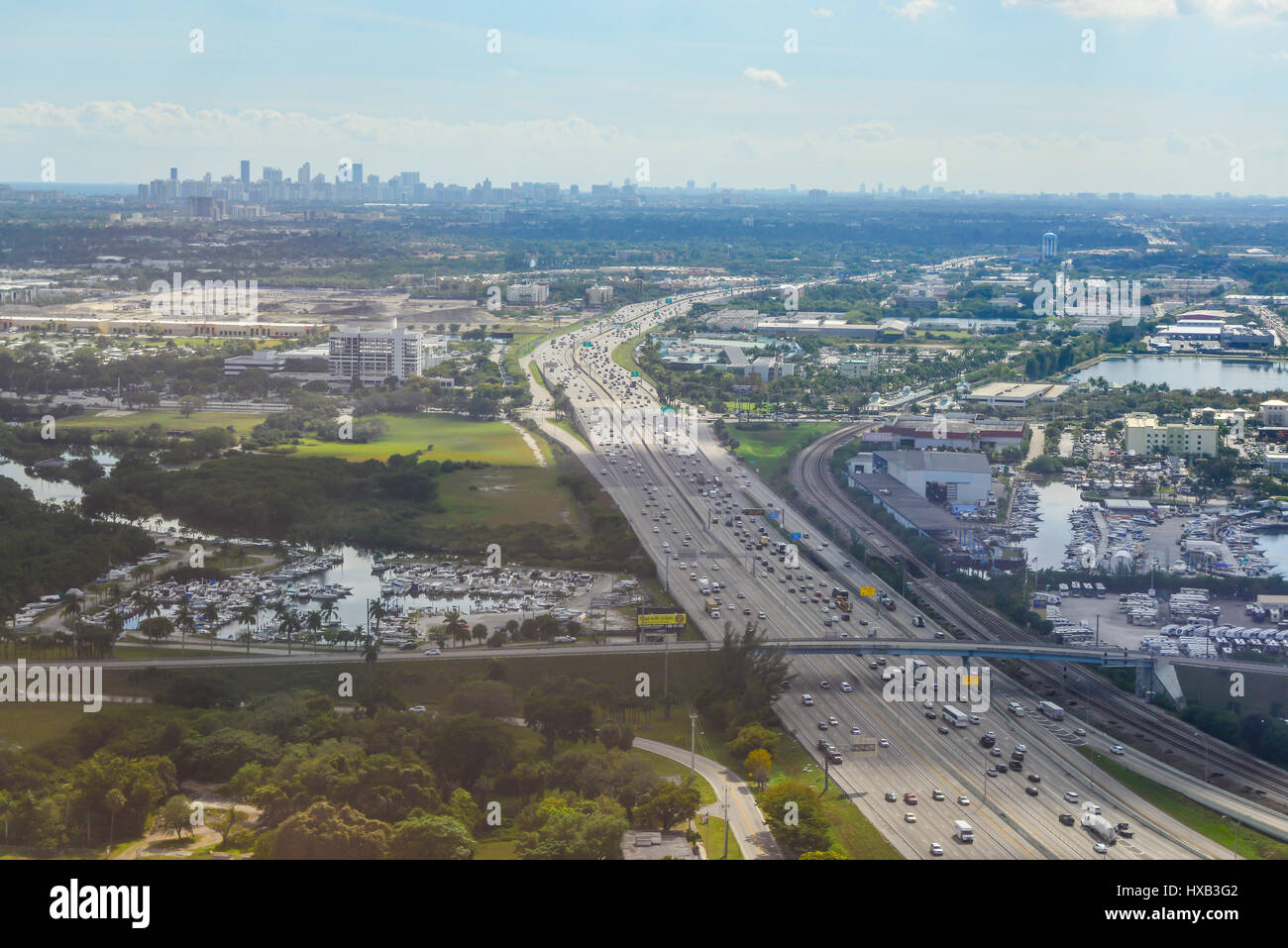Aerial View of Interstate 75 Freeway and small marina from airplane ...