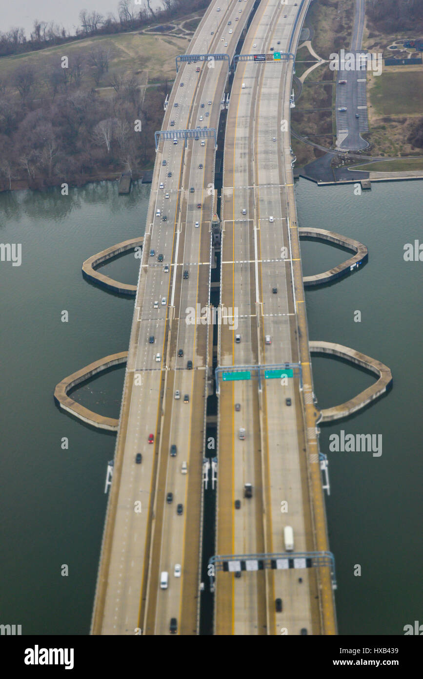 Aerial view of highway bridge over the Potomoc River entering into ...