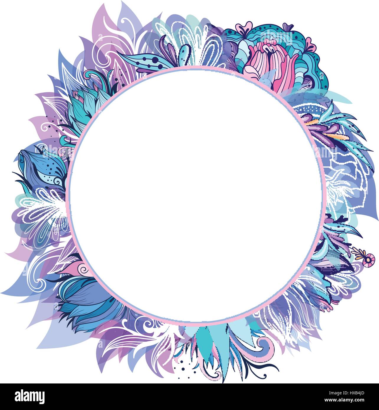 Circle frame with blue and purple lotus, lily and peony sketch ...