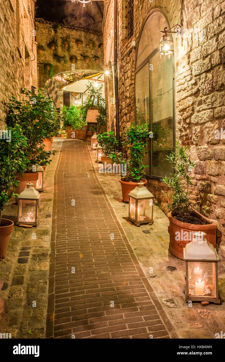 Beautiful decorated street in small town in Italy, Umbria Stock Photo ...