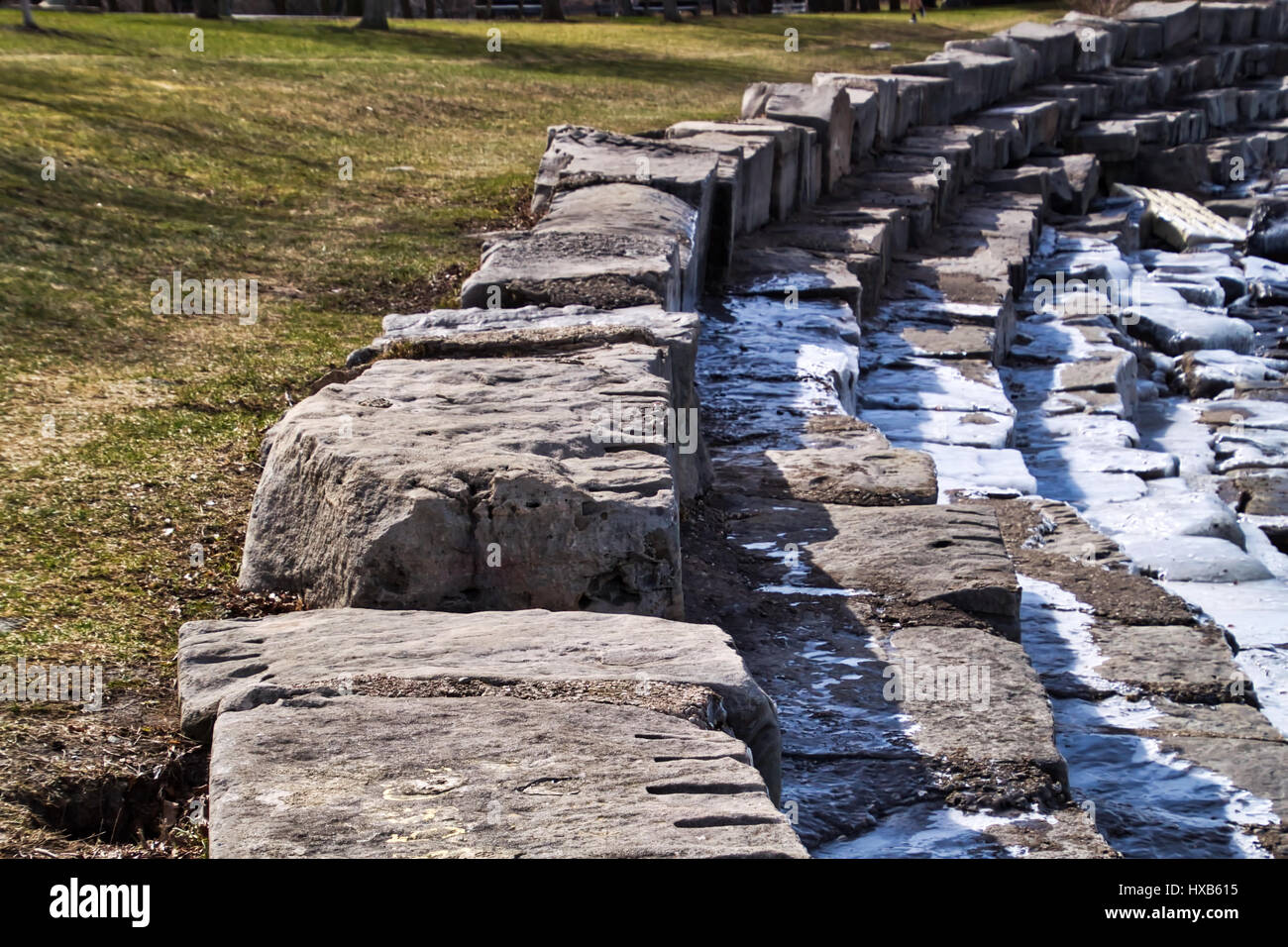 Stone steps frozen with ice along Lake Michigan lakefront in Chicago's ...