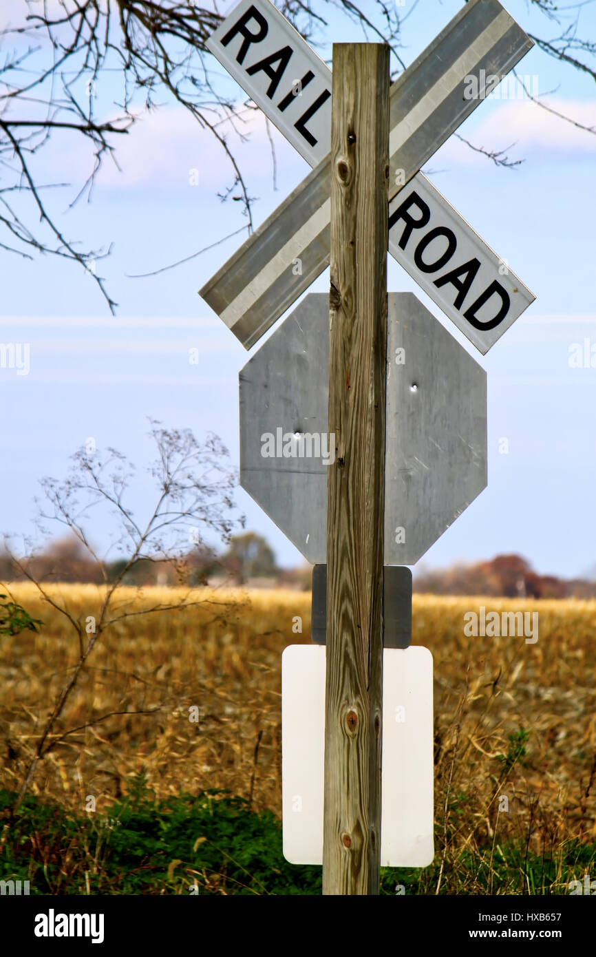 Railroad and Stop Sign located in rural Indiana during autumn Stock ...