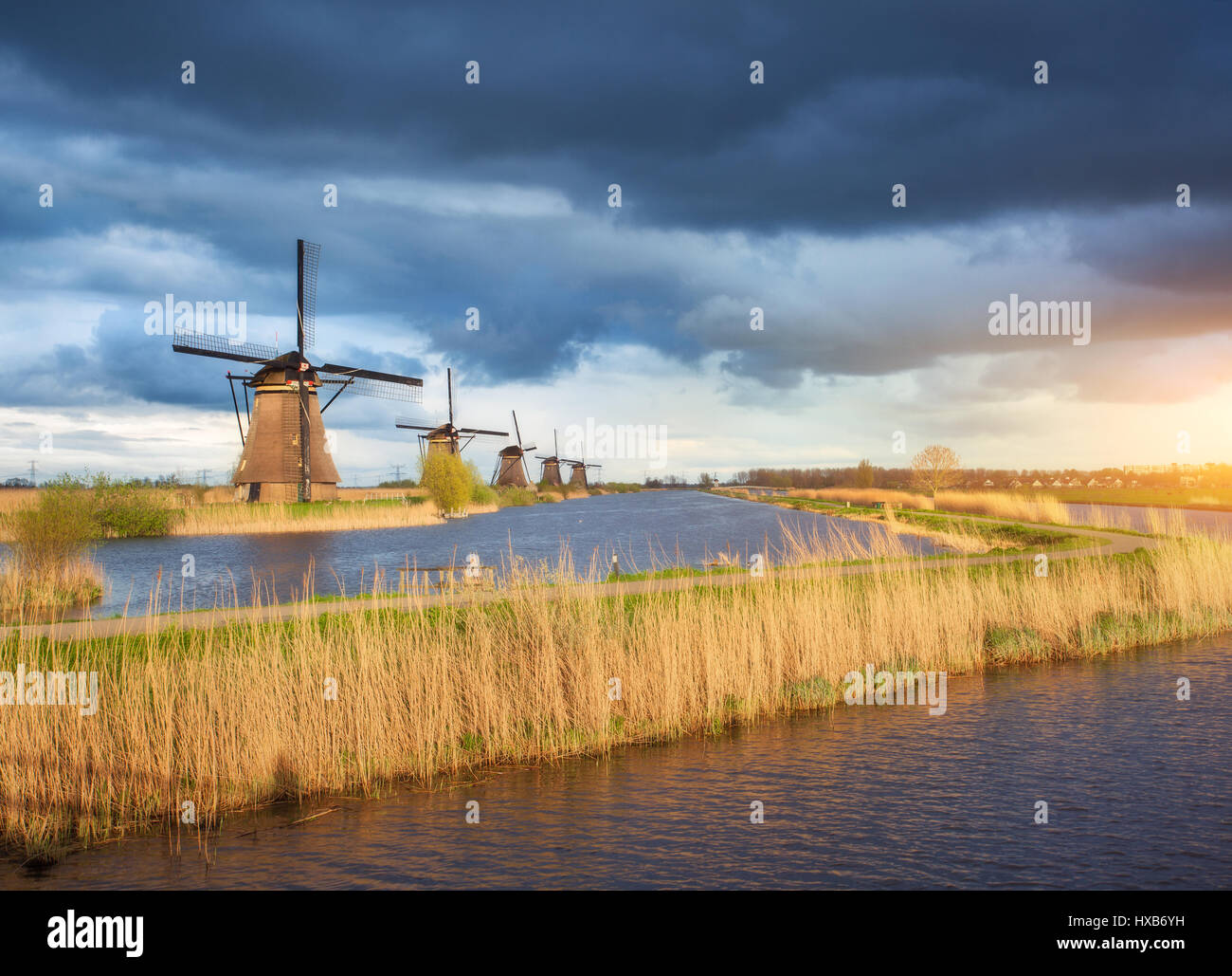 Amazing windmills. Rustic landscape with traditional dutch windmills ...