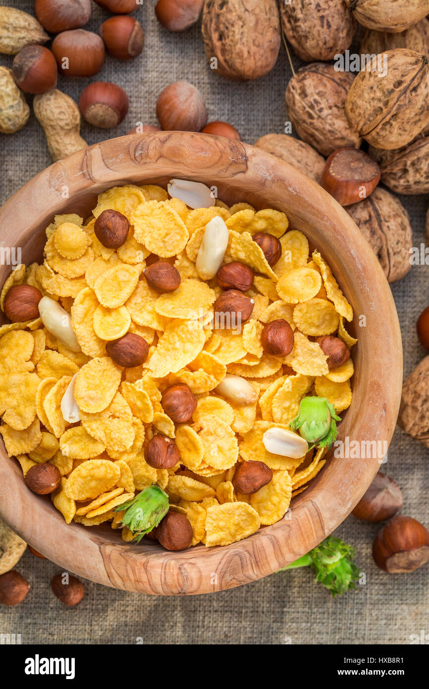Closeup of healthy cornflakes with nuts and milk Stock Photo - Alamy