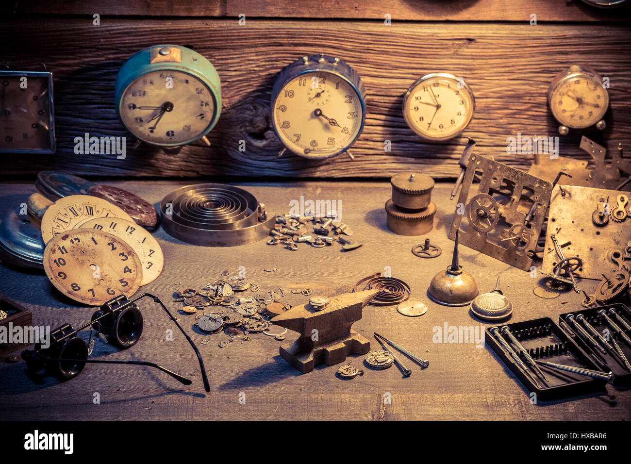 Watchmaker's room with parts of clocks Stock Photo - Alamy