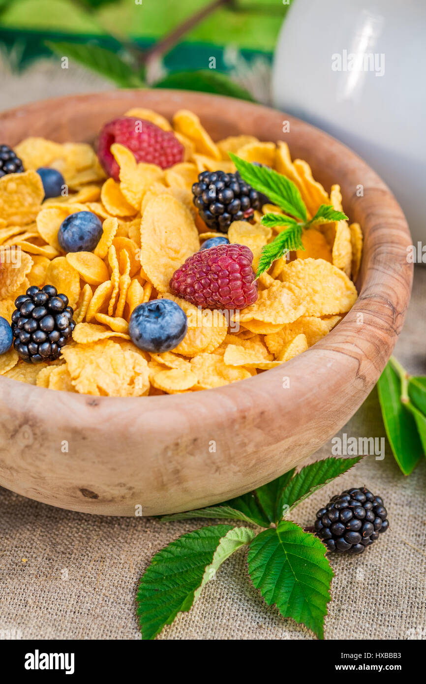 Healthy cornflakes with milk and berry fruits Stock Photo - Alamy