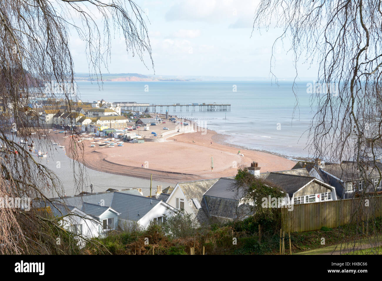 Teignmouth pier photographed from high up on The Ness in Shaldon Devon ...