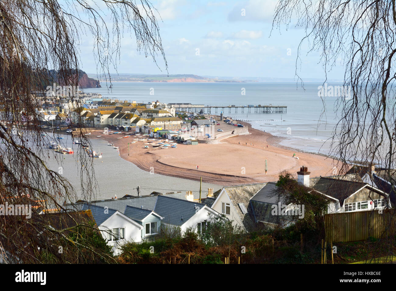 Teignmouth pier photographed from high up on The Ness in Shaldon Devon ...