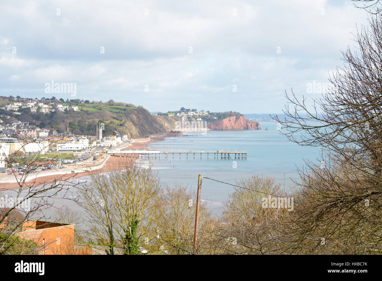 Teignmouth pier photographed from high up on The Ness in Shaldon Devon ...