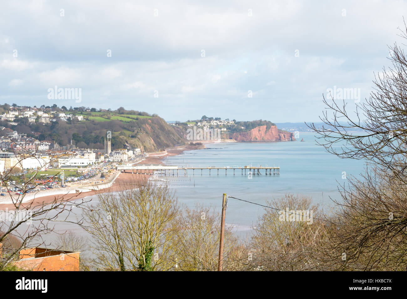 Teignmouth pier photographed from high up on The Ness in Shaldon Devon ...
