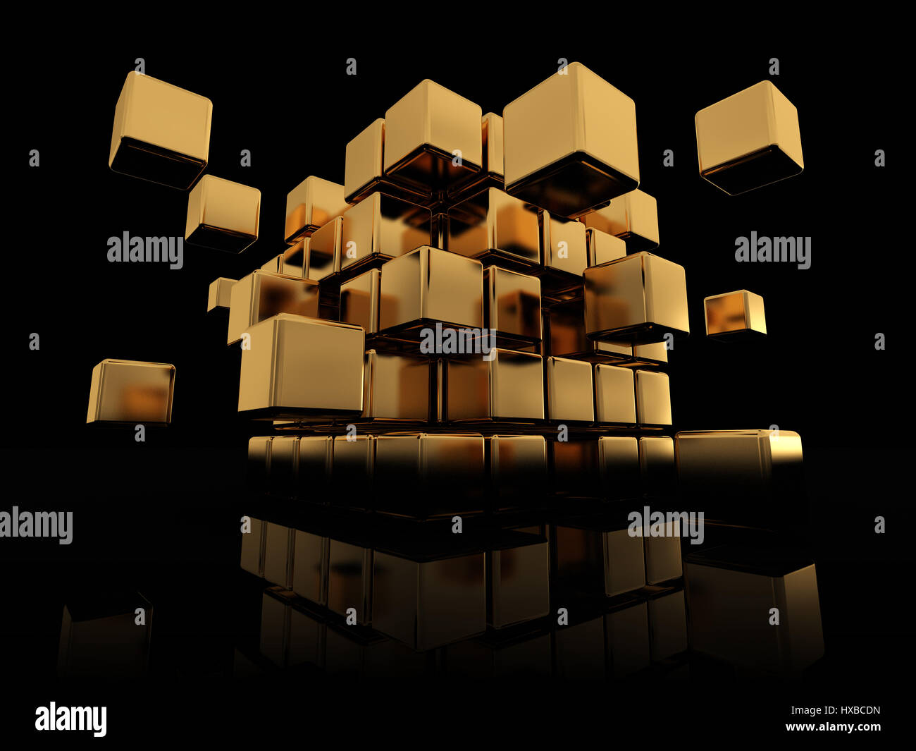abstract 3d illustration of golden cube structure over black background ...