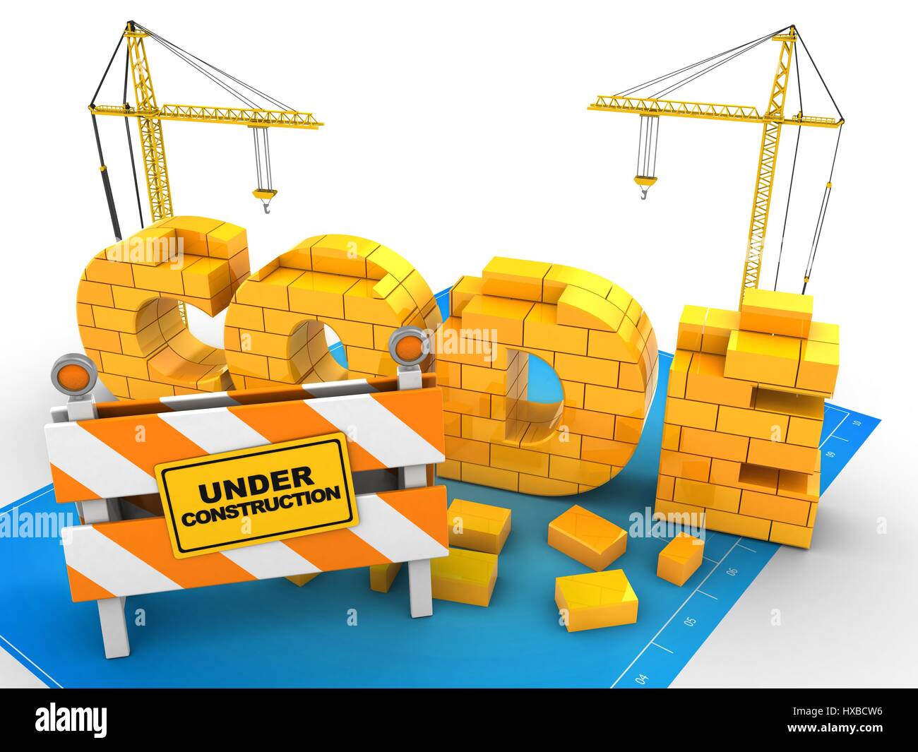 3d illustration of crane and web code construction over binary code ...