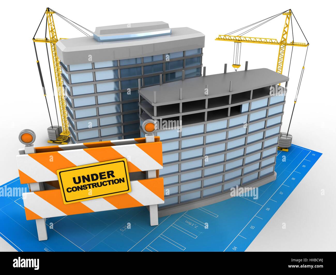 3d illustration of crane and under sign construction over blueprints ...