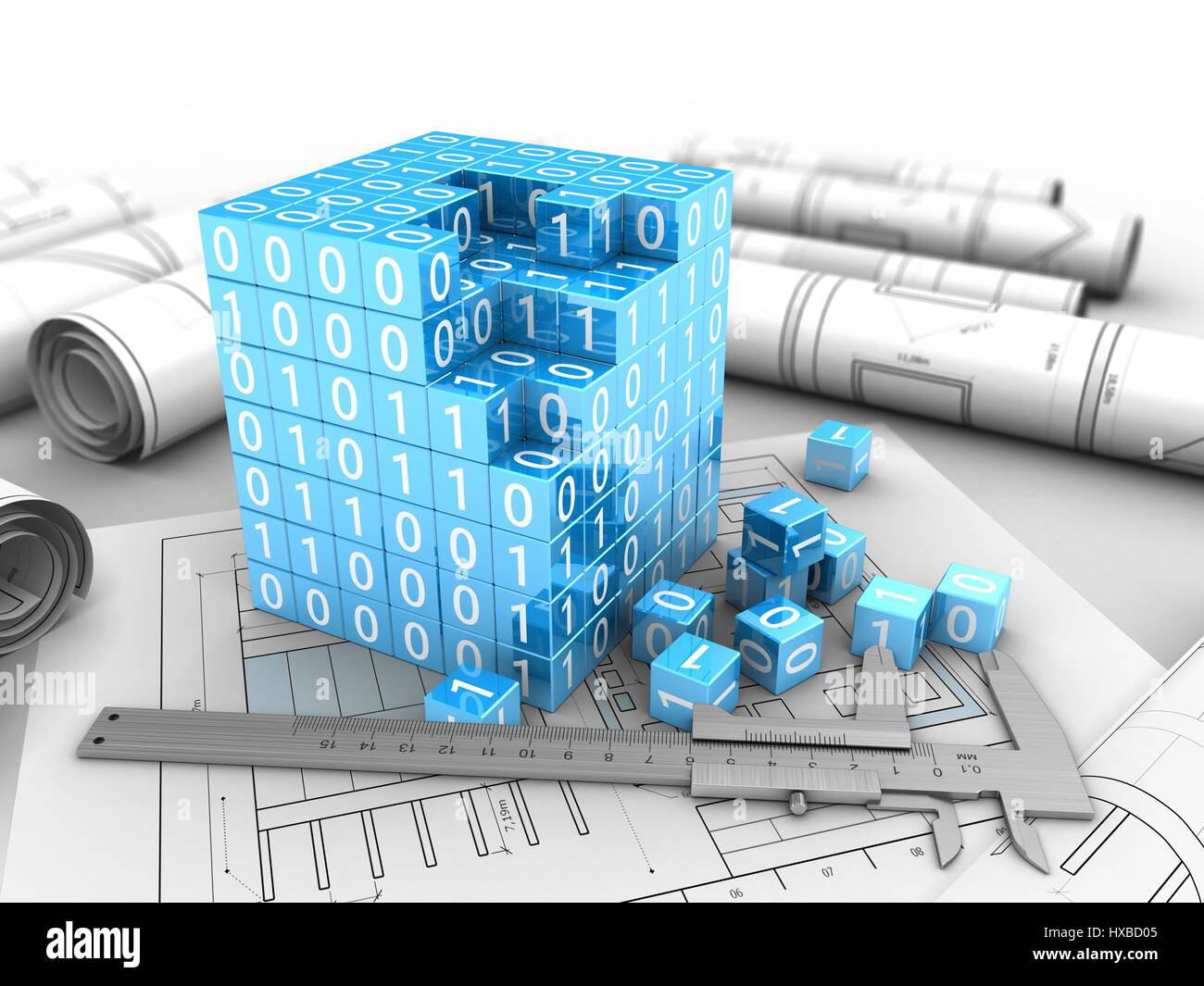 3d illustration of crane and binary cubes construction over blueprints background Stock Photo ...