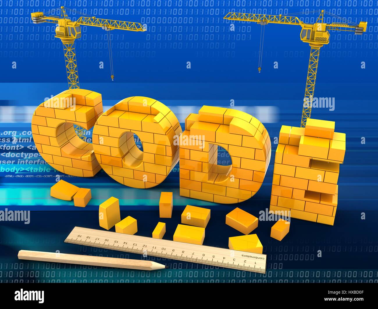 3d illustration of crane and web code construction over binary code ...