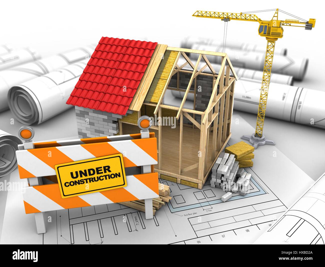 3d illustration of crane and house construction over blueprints ...