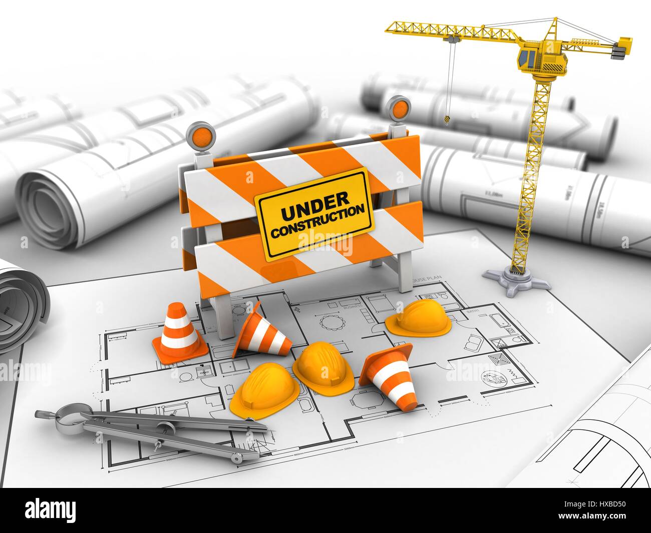3d illustration of crane and under sign construction over blueprint ...