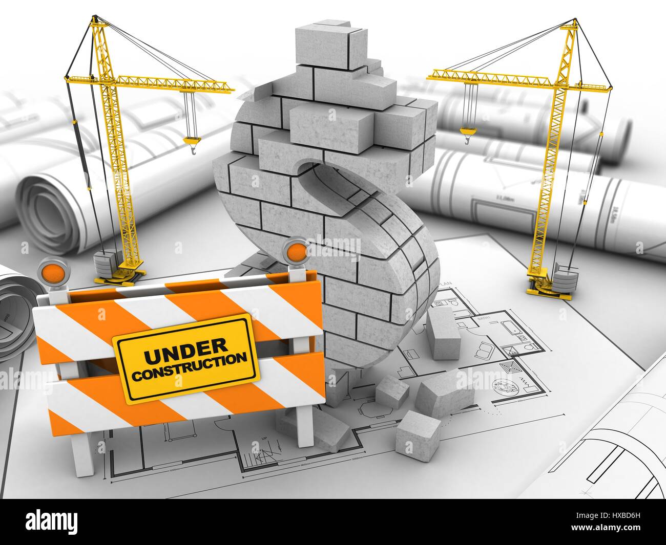3d illustration of crane and dollar sign construction over blueprints ...