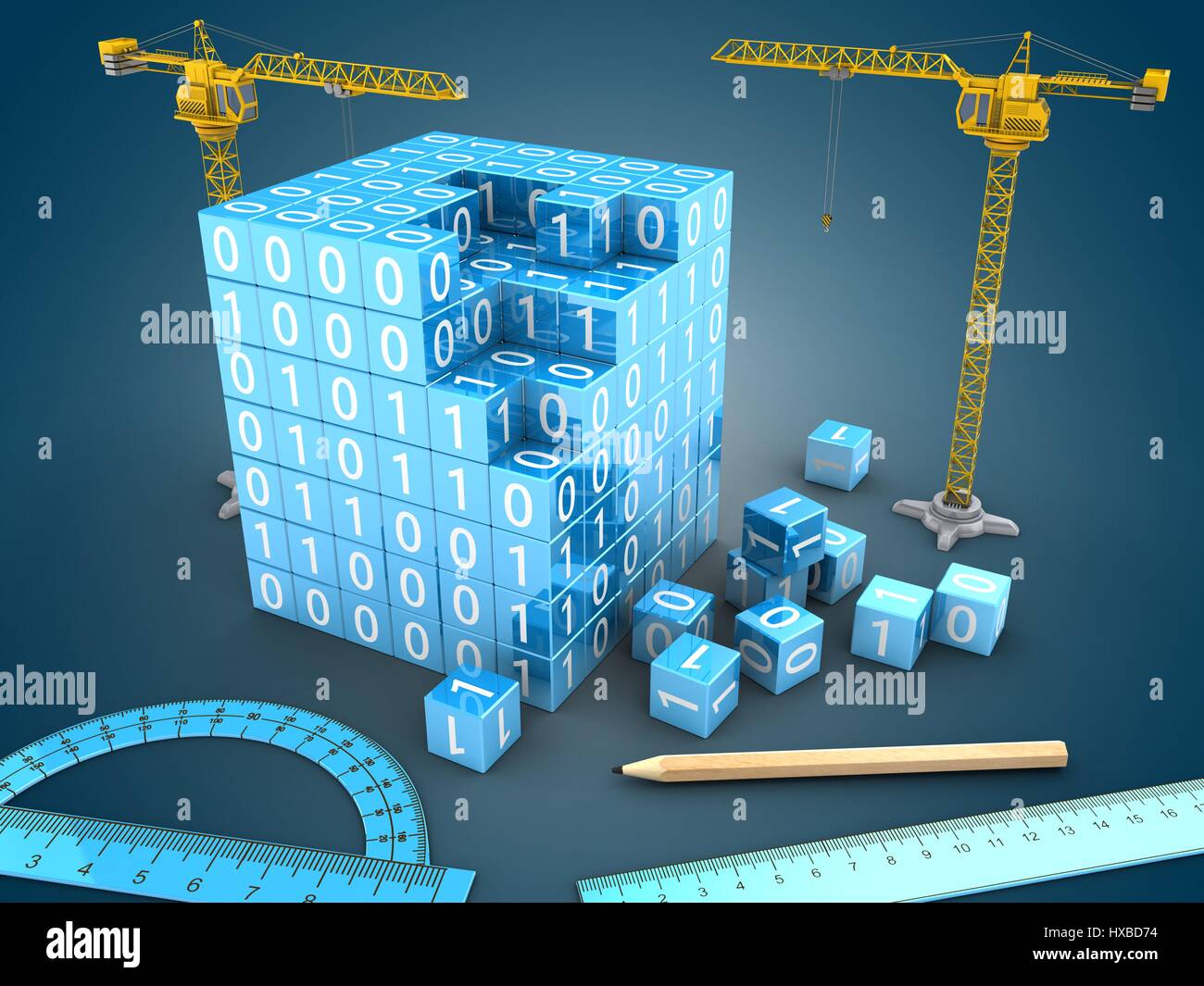 3d illustration of crane and binary cubes construction over blue ...