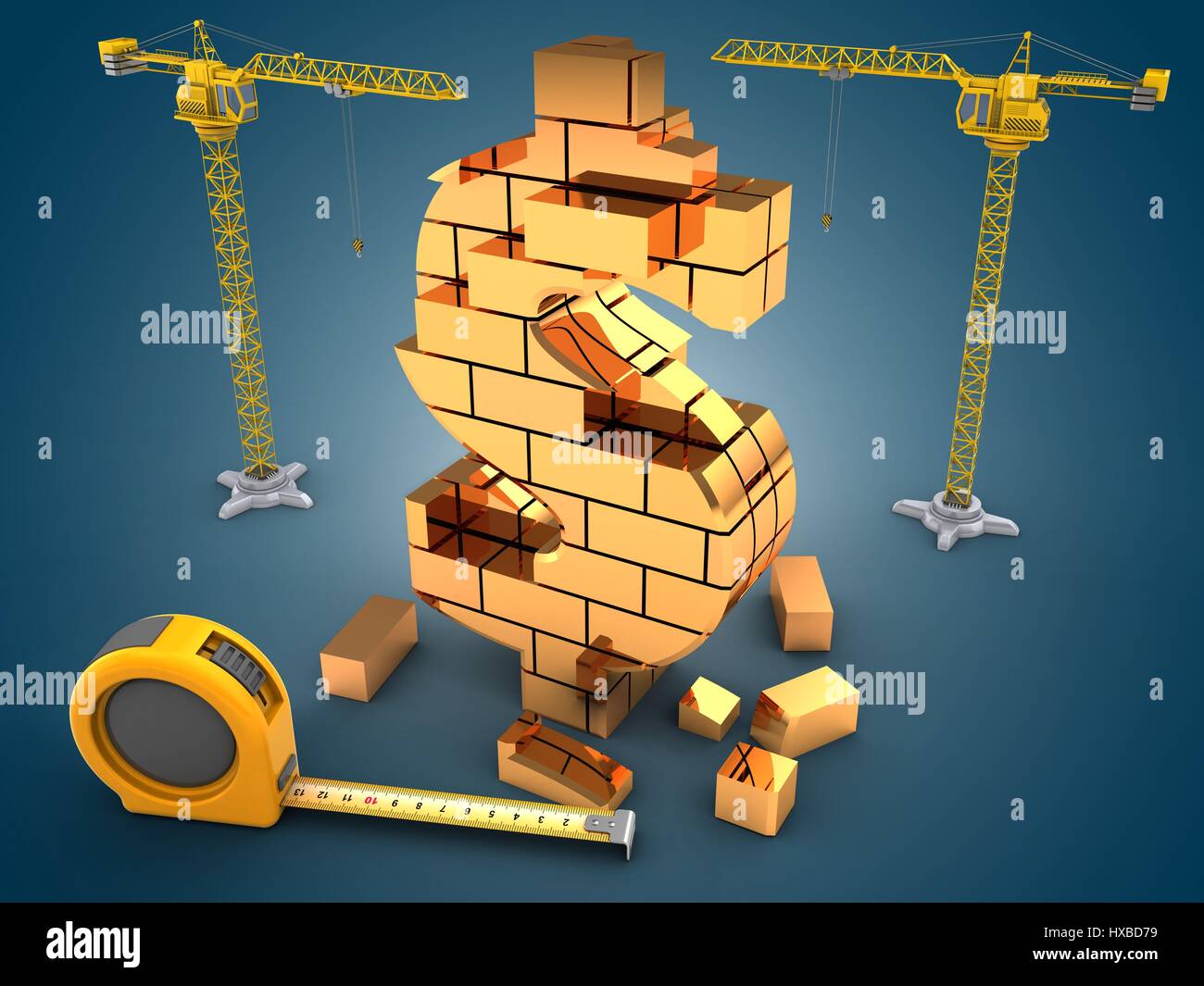 3d illustration of crane and dollar sign construction over blue ...