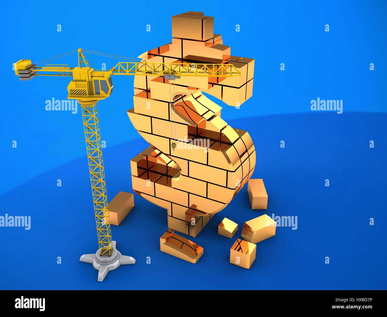 3d illustration of crane and dollar sign construction over blue ...