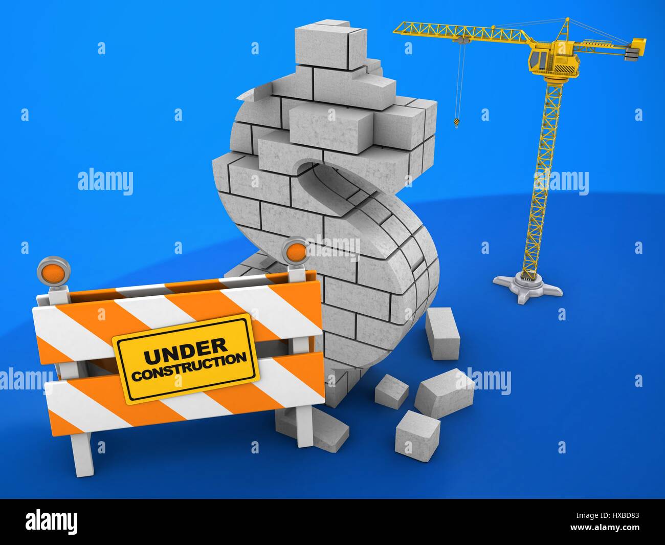 3d illustration of crane and dollar sign construction over blue ...