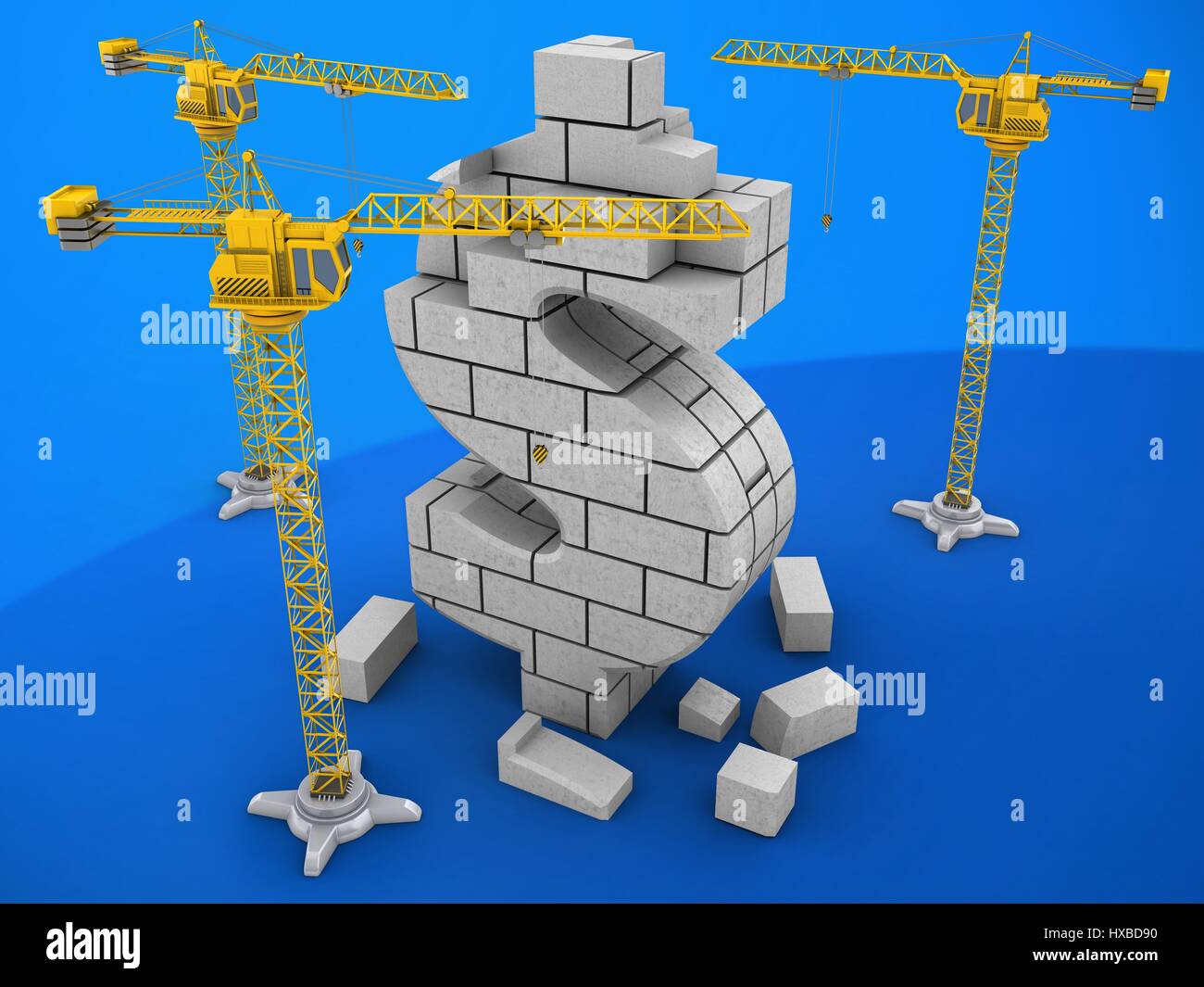 3d illustration of crane and dollar sign construction over blue ...