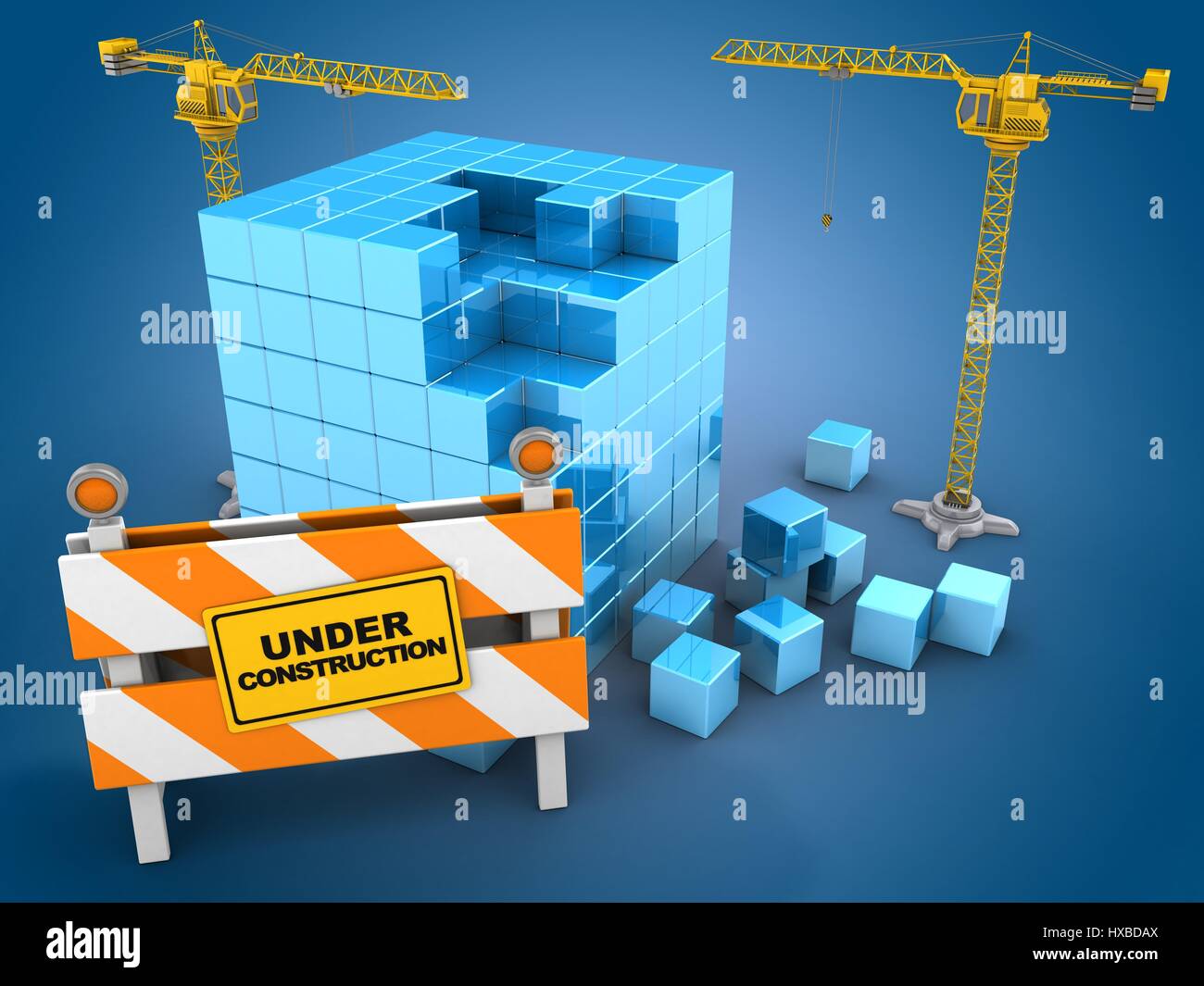 3d illustration of crane and cubes under construction sign over blue ...