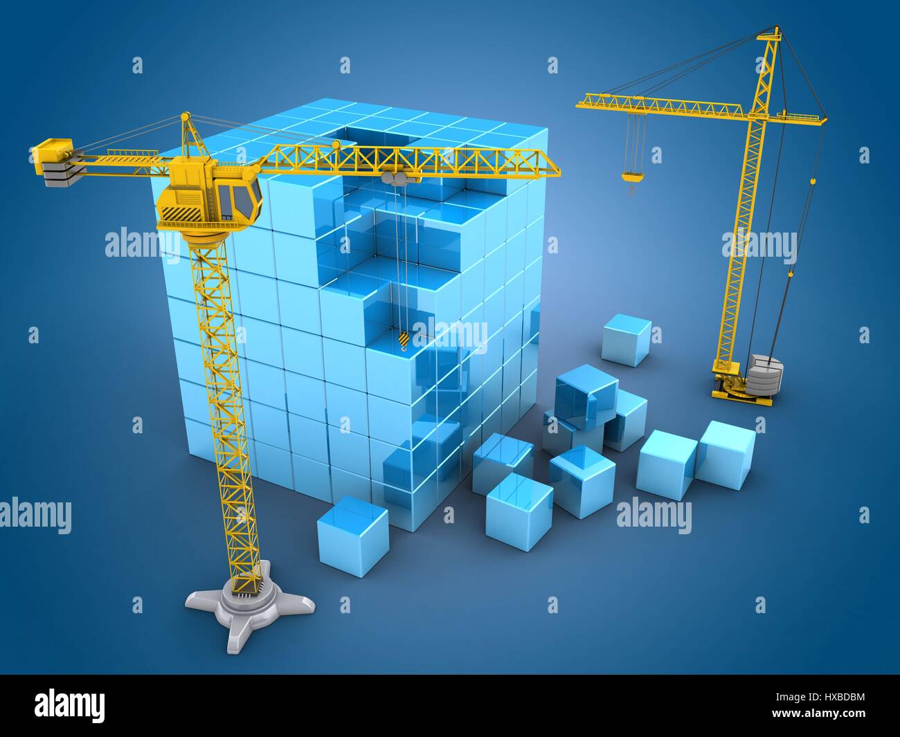 3d illustration of crane and cubes under construction over blue ...