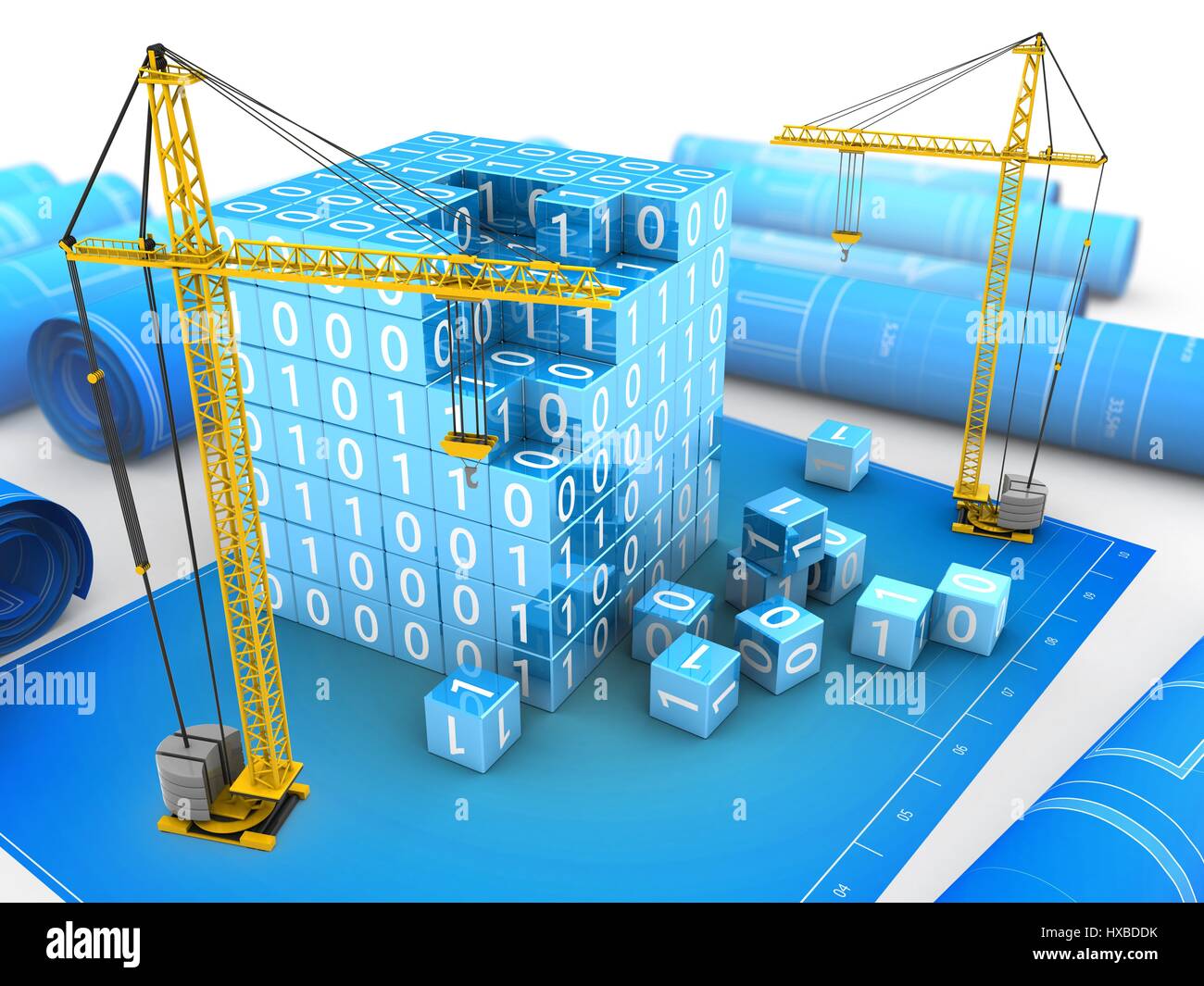 3d illustration of crane and binary cubes construction over blue background Stock Photo - Alamy