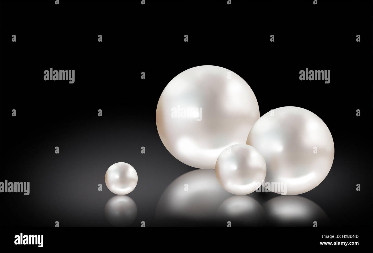Four different size beautiful shining white pearls reflecting and ...