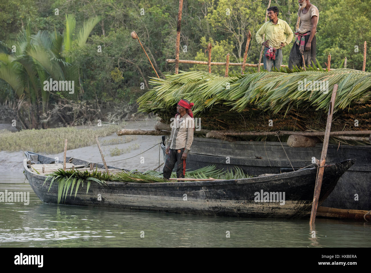 Bangladesh, The Sundarbans National Park. Traditional wooden boat along ...