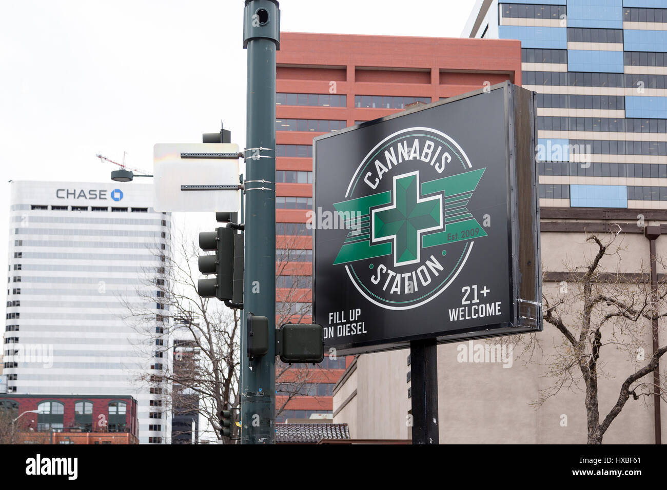 abis Station dispensary sign, located on a corner in downtown Denver ...