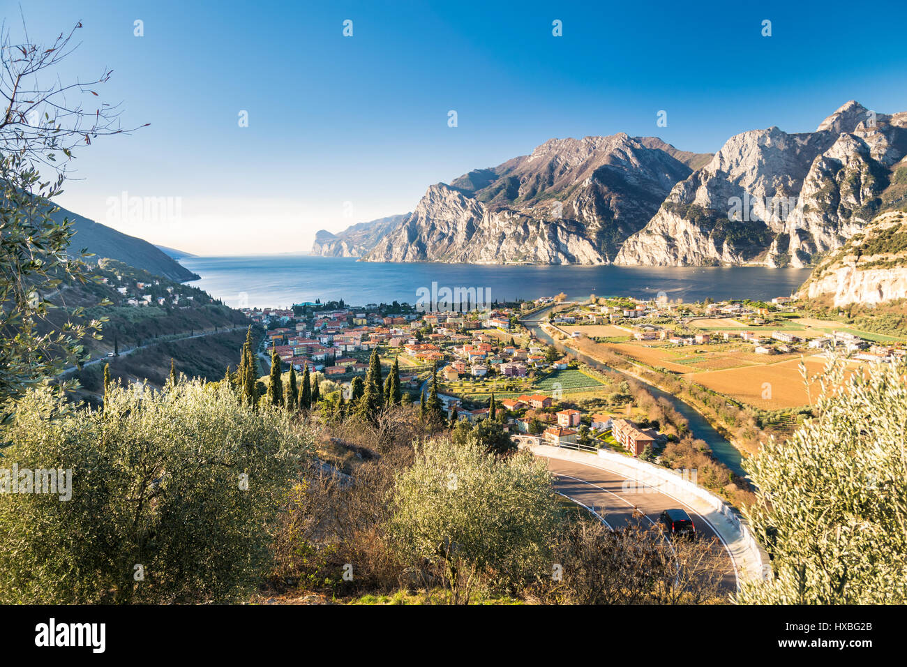 Panorama of the gorgeous Lake Garda surrounded by mountains in Riva del ...