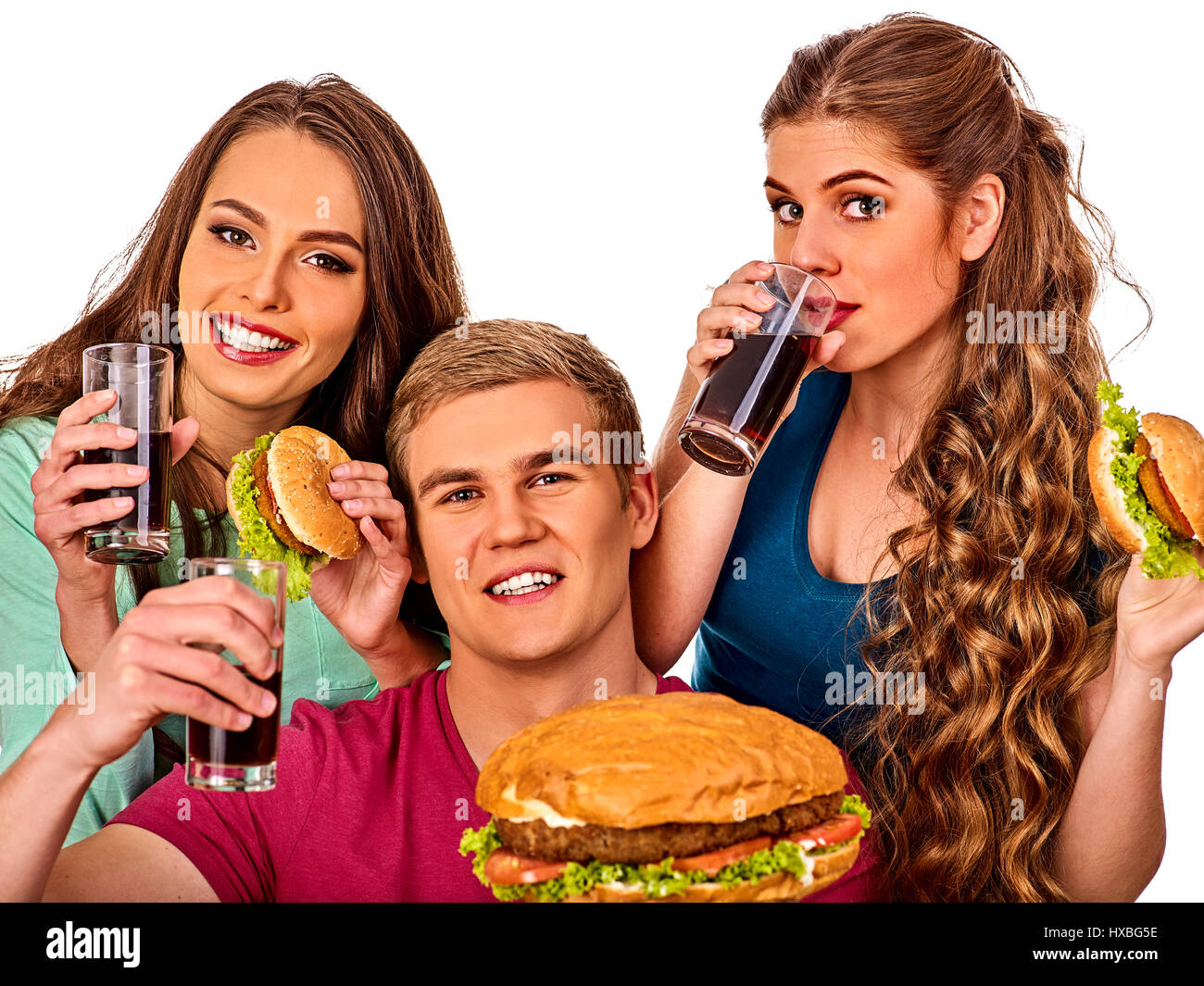 Group hamburger fast food with ham in people hands Stock Photo - Alamy