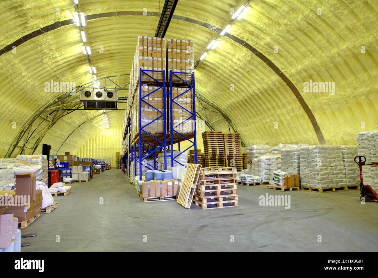 ST-PETERSBURG, RUSSIA - JUNE 13: storage hangar with shelves and goods ...