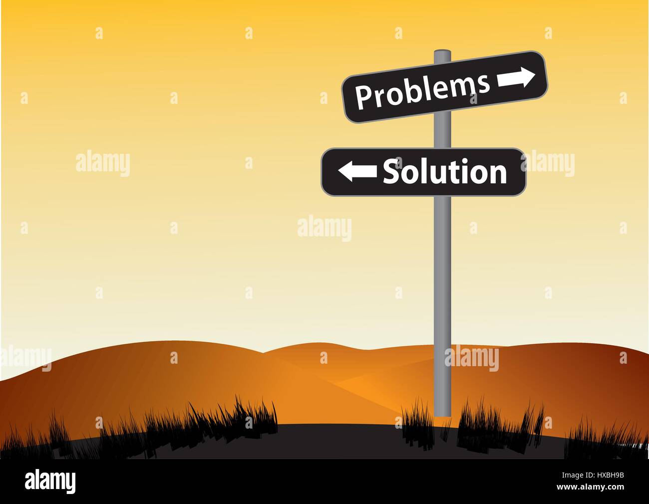 Problems or solution choise road sign pillar against sunset sky over ...