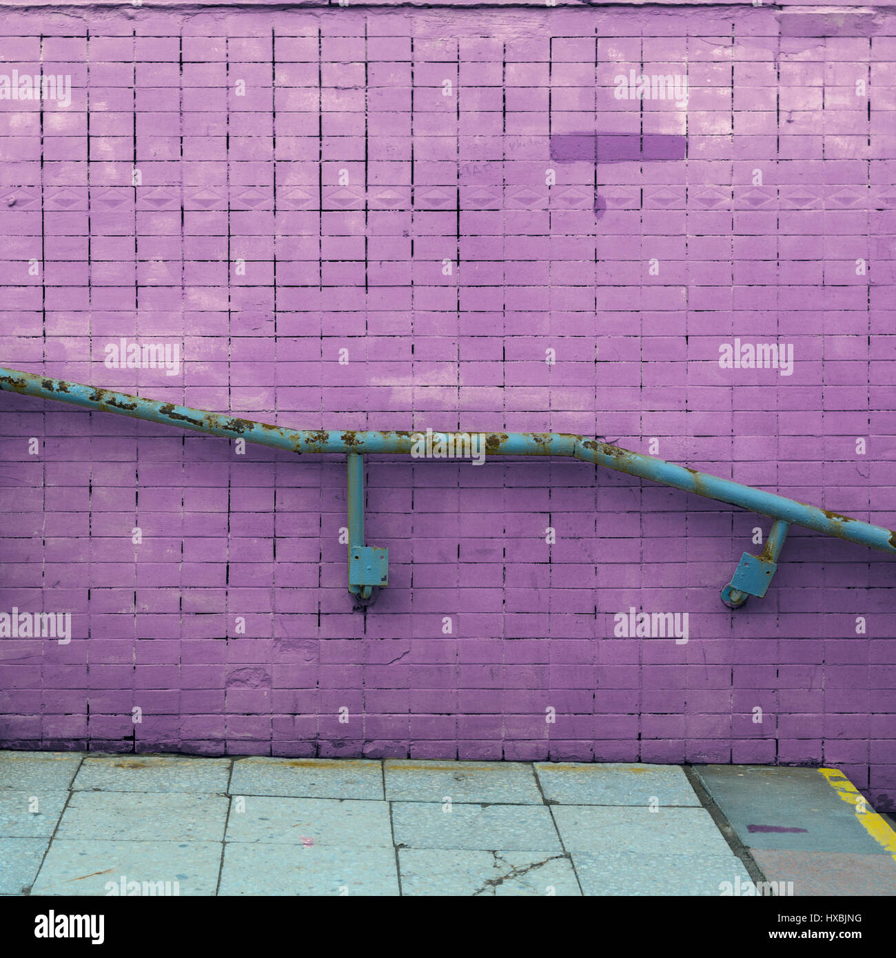 Painted Tile Wall Texture with Metal Railing for Background or Copy ...