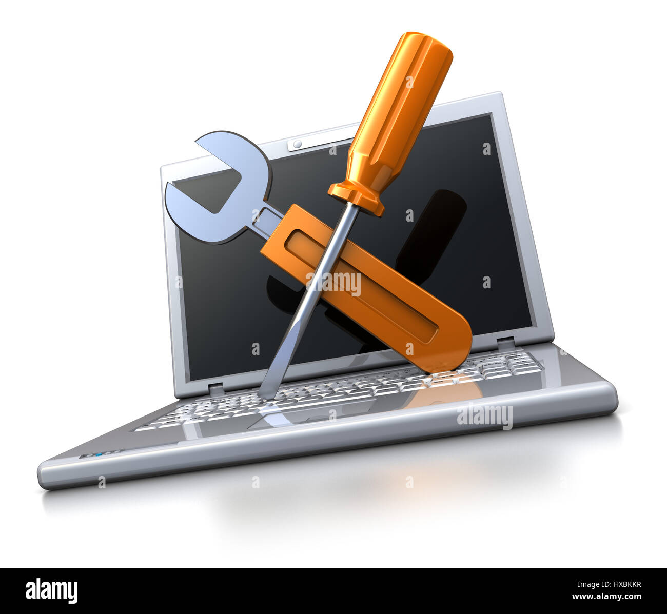 3d illustration of laptop computer with wrench and screwdriver ...